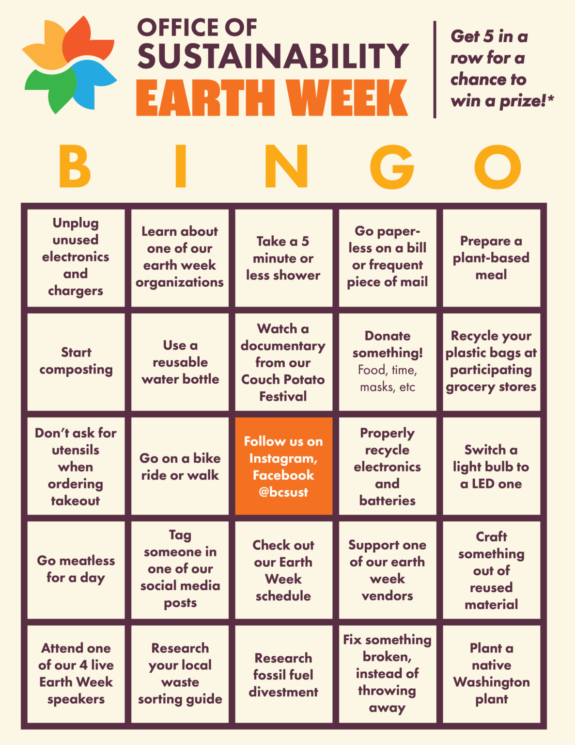 Play Earth Week Bingo For a Chance to Win a Prize! :: Sustainability